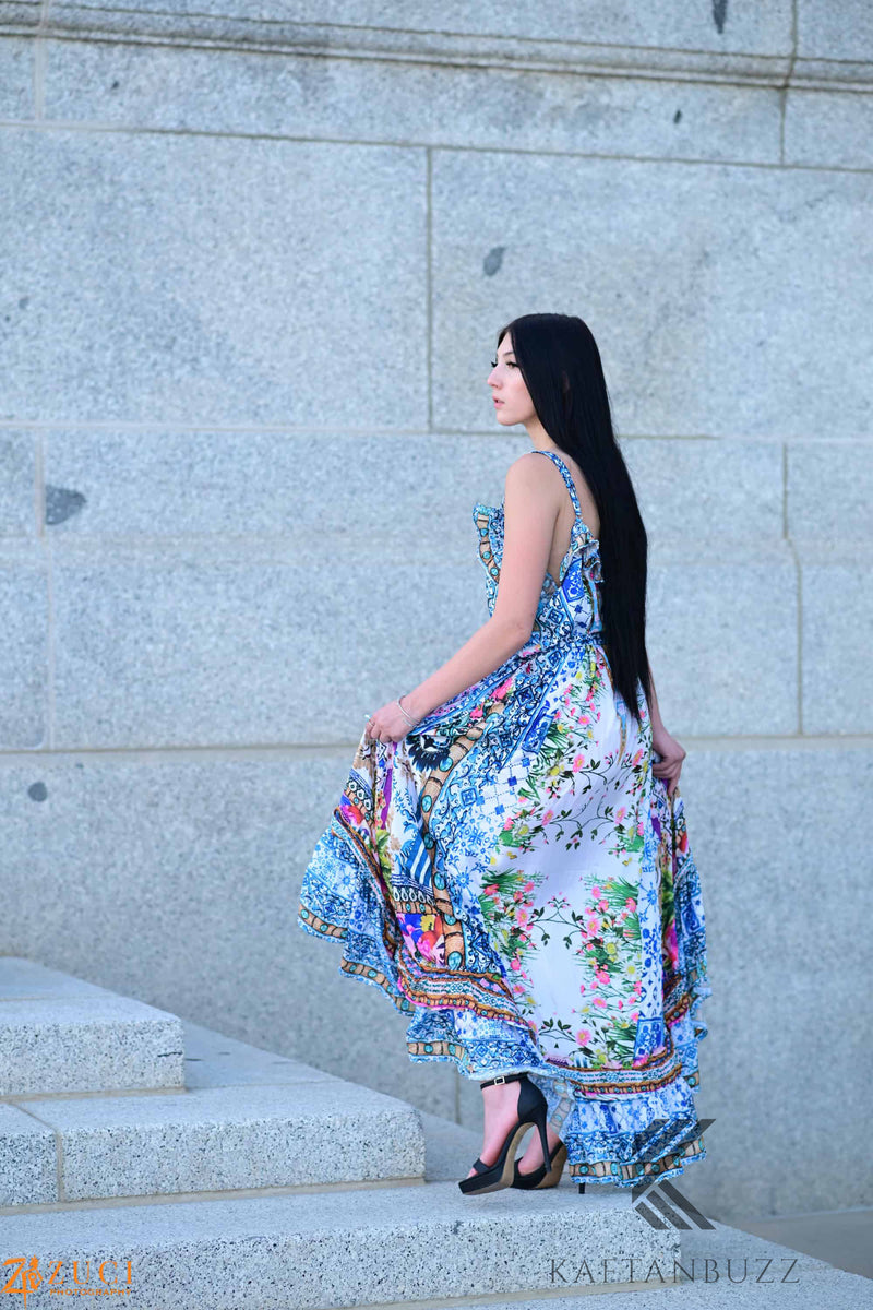 Floral Print bohemian High Low goddess Dress with belt for Beach & Out ...